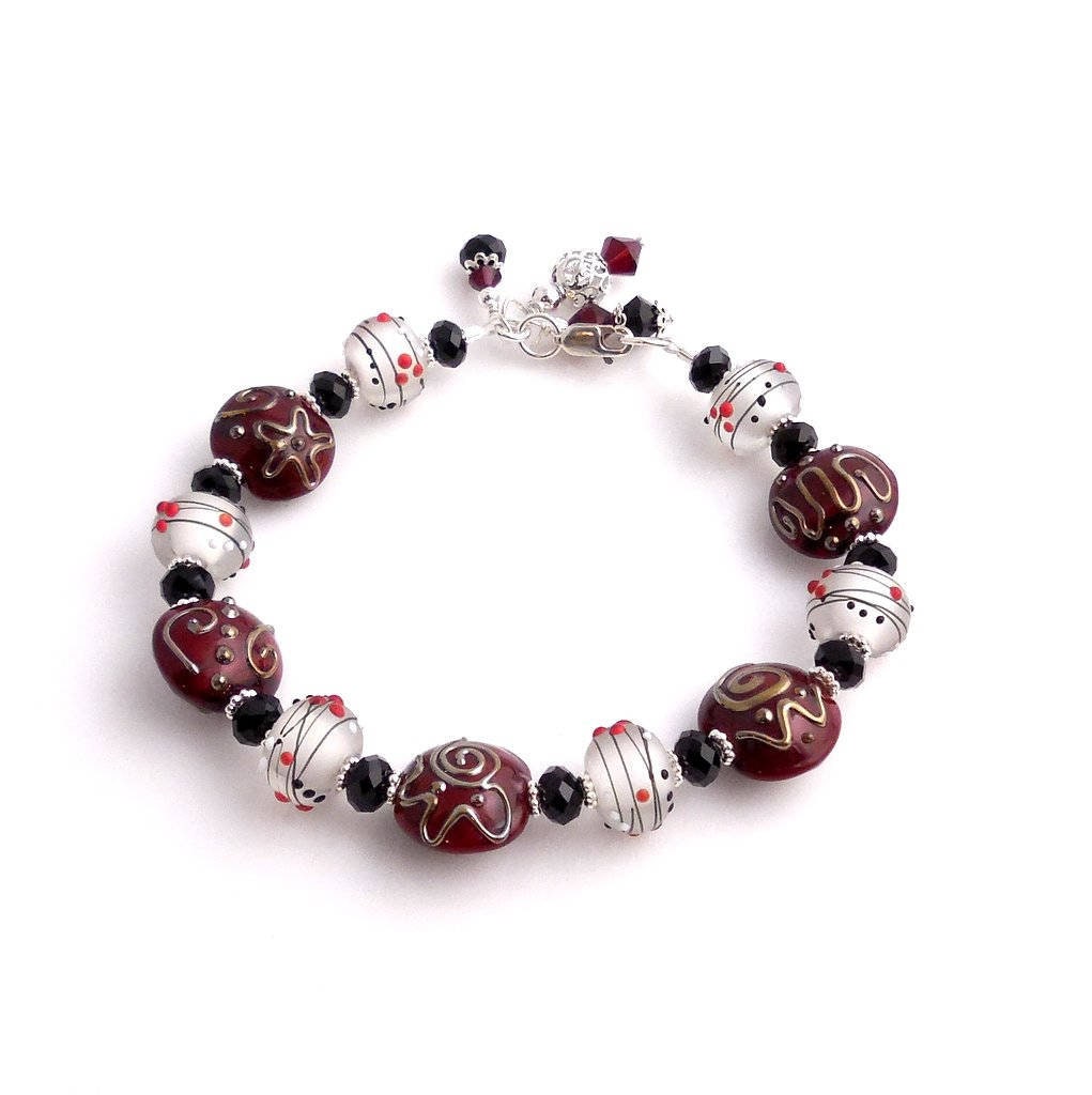 Red and White Sterling Silver and Crystal Lampwork Bracelet - Etsy