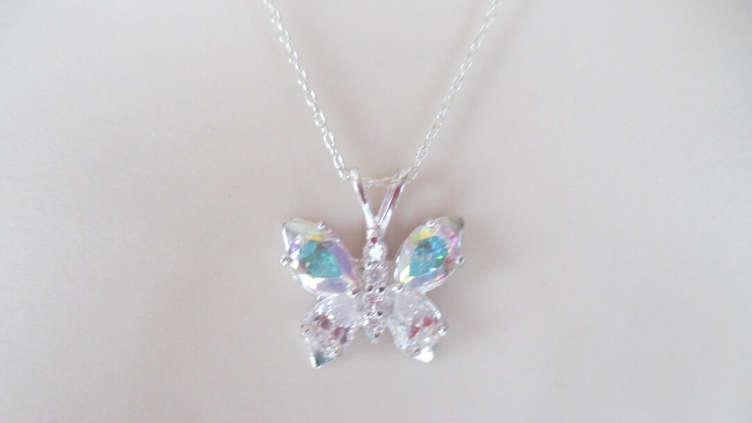 925 ITALY Crystal Butterfly Pendant Necklace W/925 Dainty Chain, Signed ...