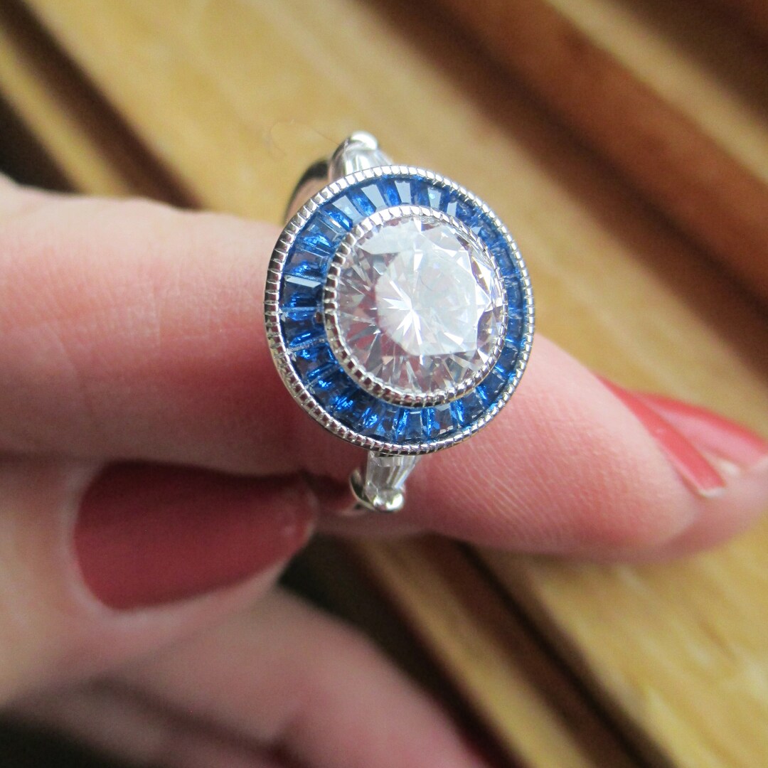 Sterling Silver 925 Large Oval CZ Ring in Center, CZ Blue Smaller ...