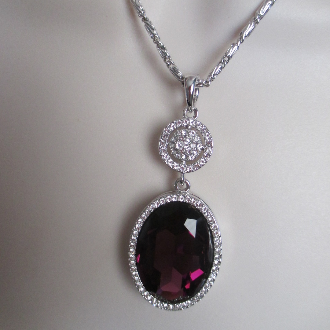 Swarovski Oval Purple Crystal Pendant Necklace W/clear Crystals, Silver ...