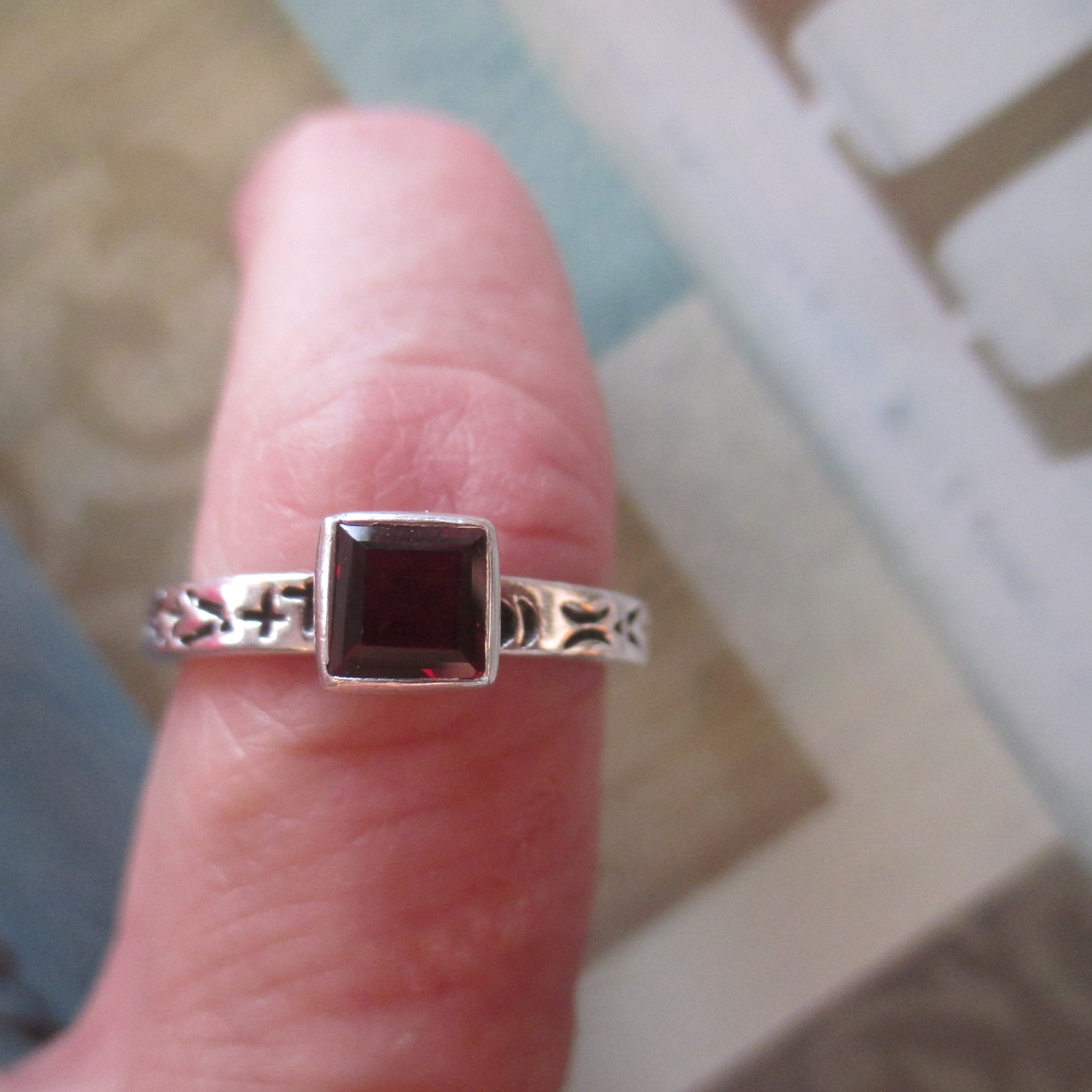 Square Garnet Sterling Silver Ring - Scrollwork Band, Size 8 - Etsy