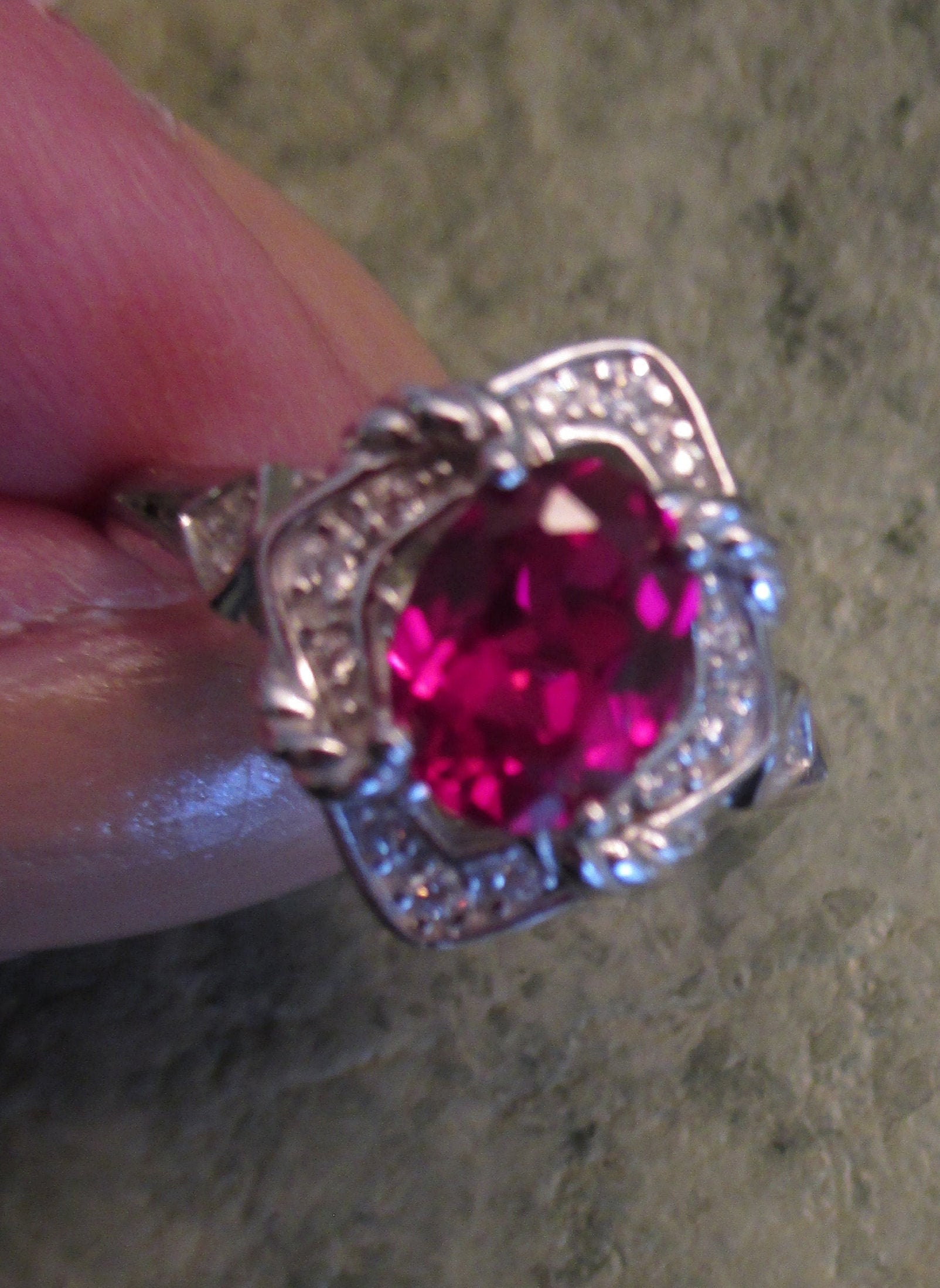 925 Simulated Ruby Ring w/CZ Stones Surrounding Large Oval | Etsy