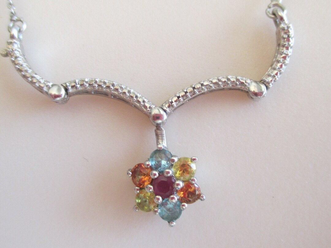 Chuck Clemency STS 925 Gemstone Floral Pendant Necklace on 925 19" Inch ...
