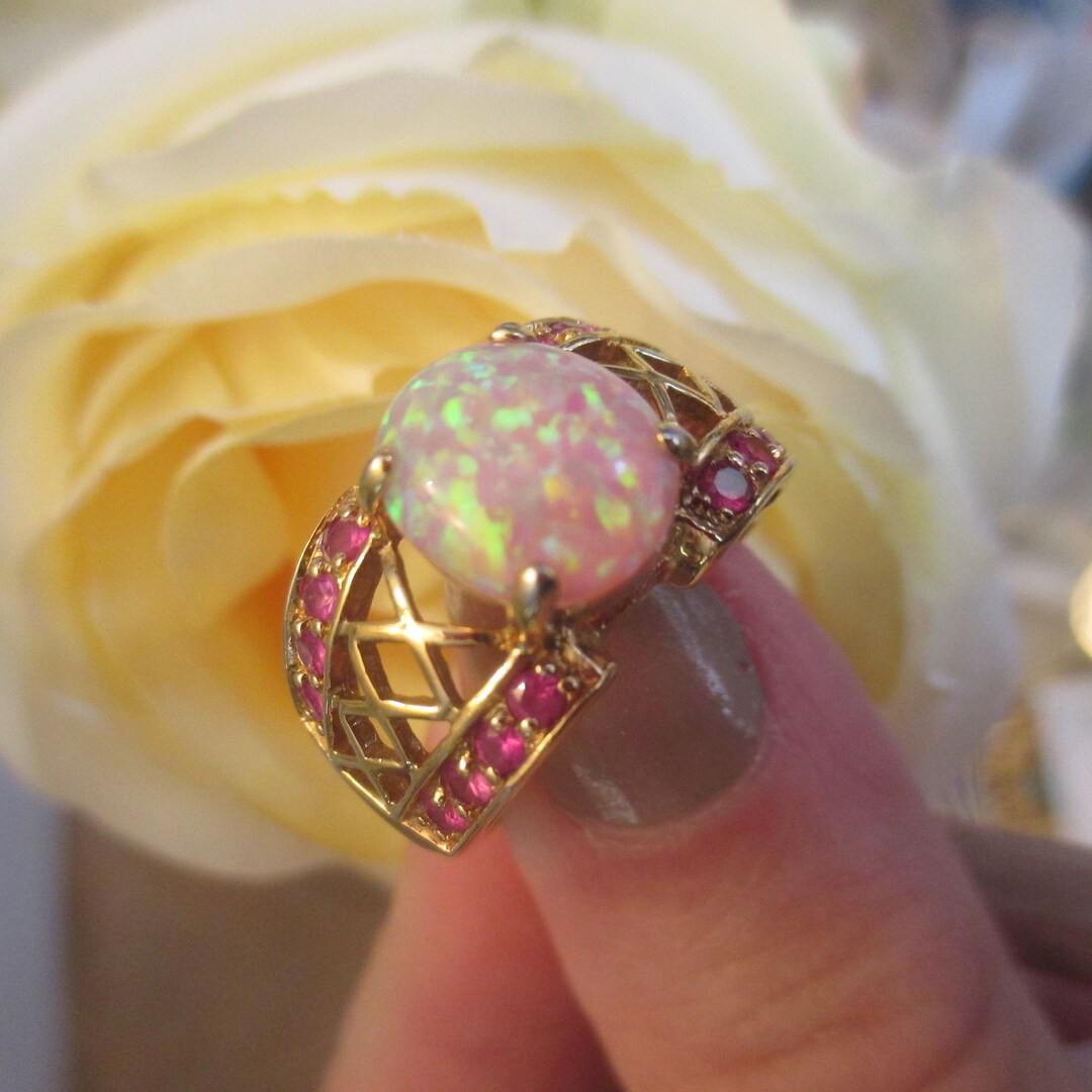 925 Opal and Pink Rhinestone Ring, Size 7 Ring, Sterling 925 Silver ...
