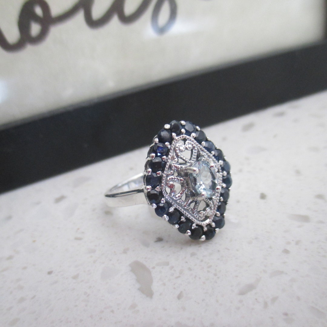 Genuine Blue Sapphire Open Heart Ring & Oval Blue Topaz in Center, 925 ...