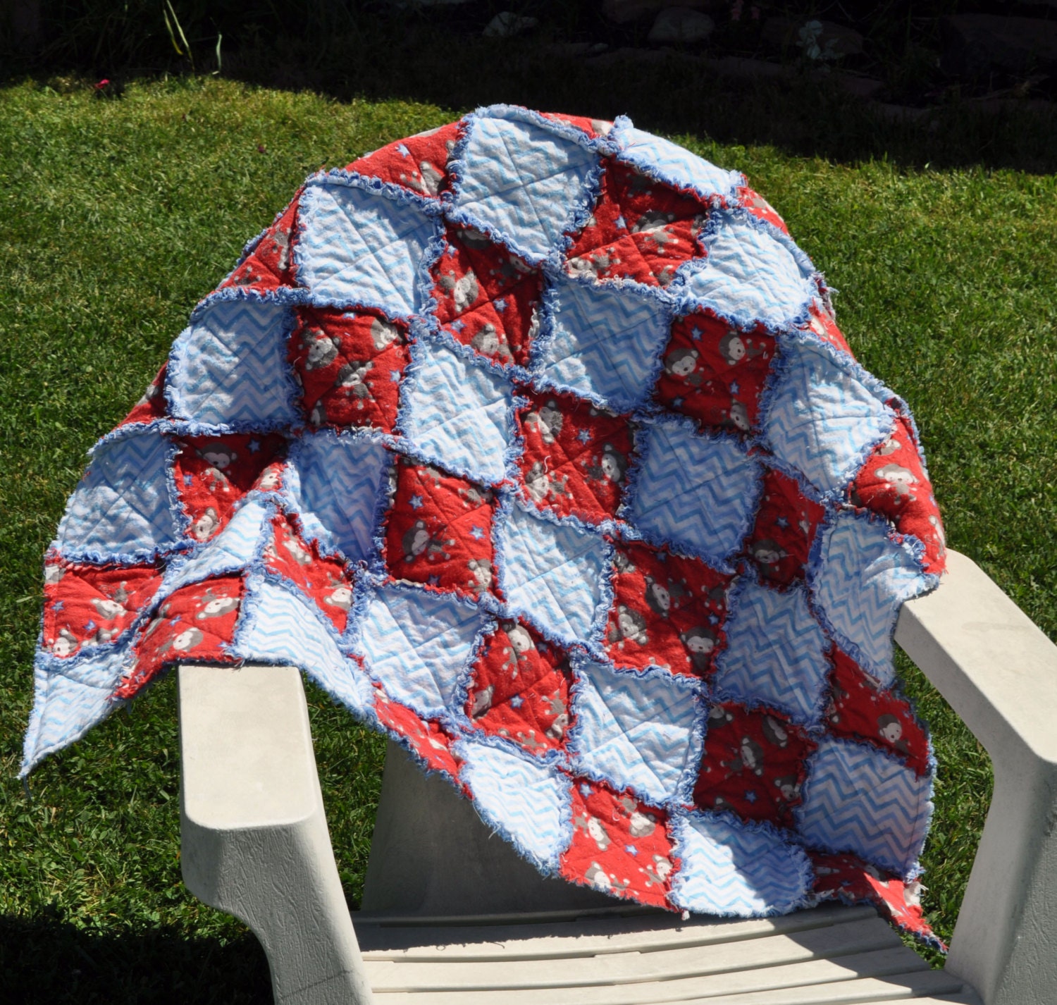 Blue Chevron and Monkey Rag Quilt 39 in by 39 In - Etsy