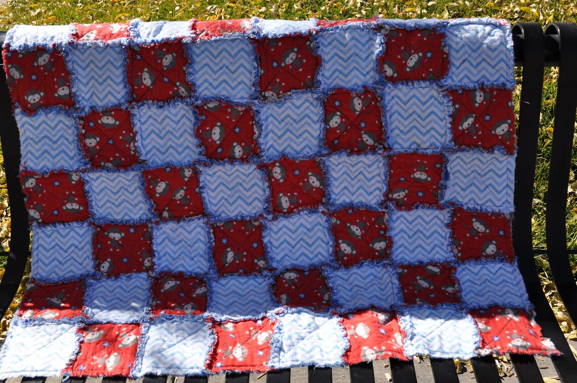 Blue Chevron and Monkey Rag Quilt 39 in by 39 In - Etsy