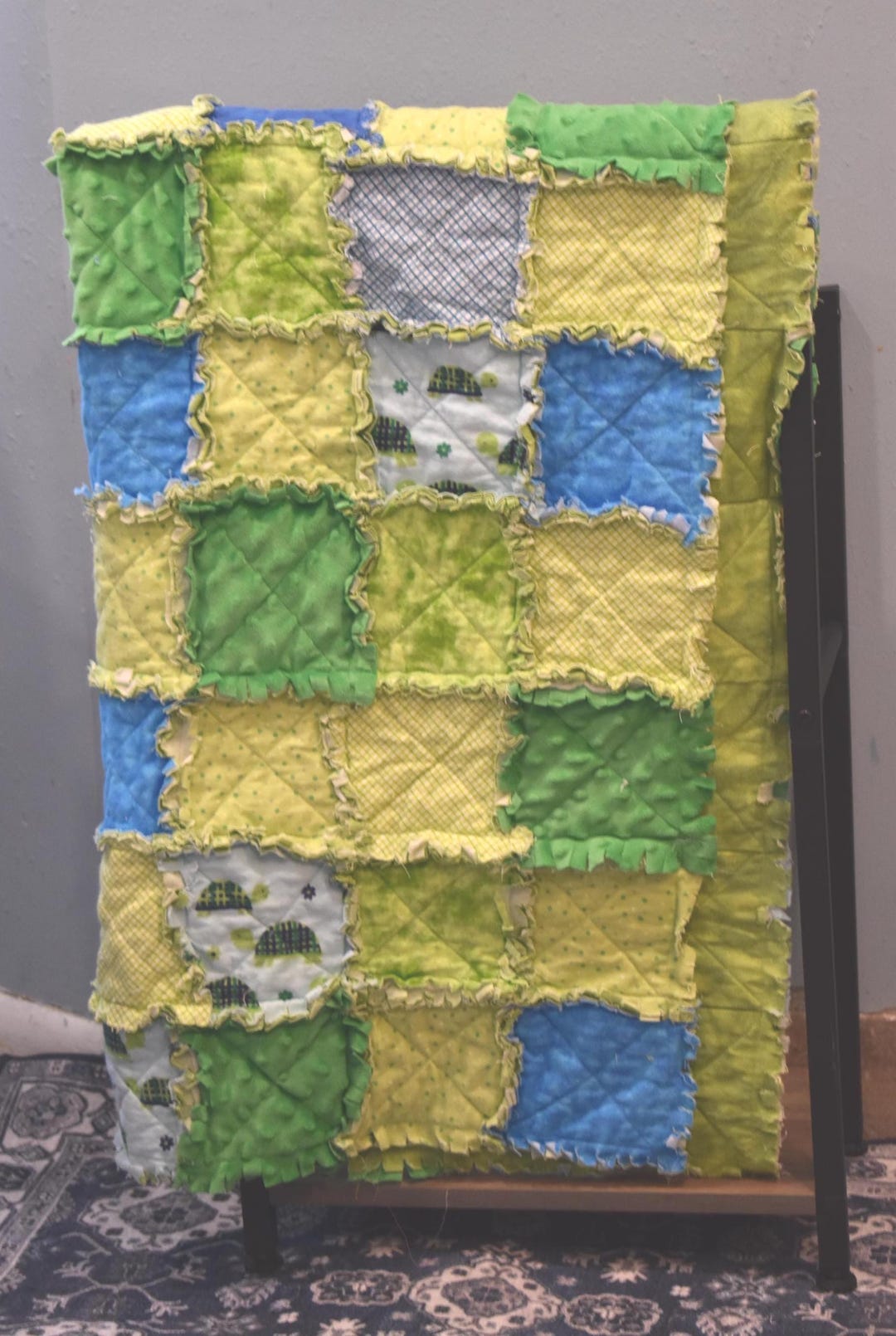 Turtle Baby Quilt in Greens and Blues: Soft Flannel Rag Quilt, 37" X 41 ...
