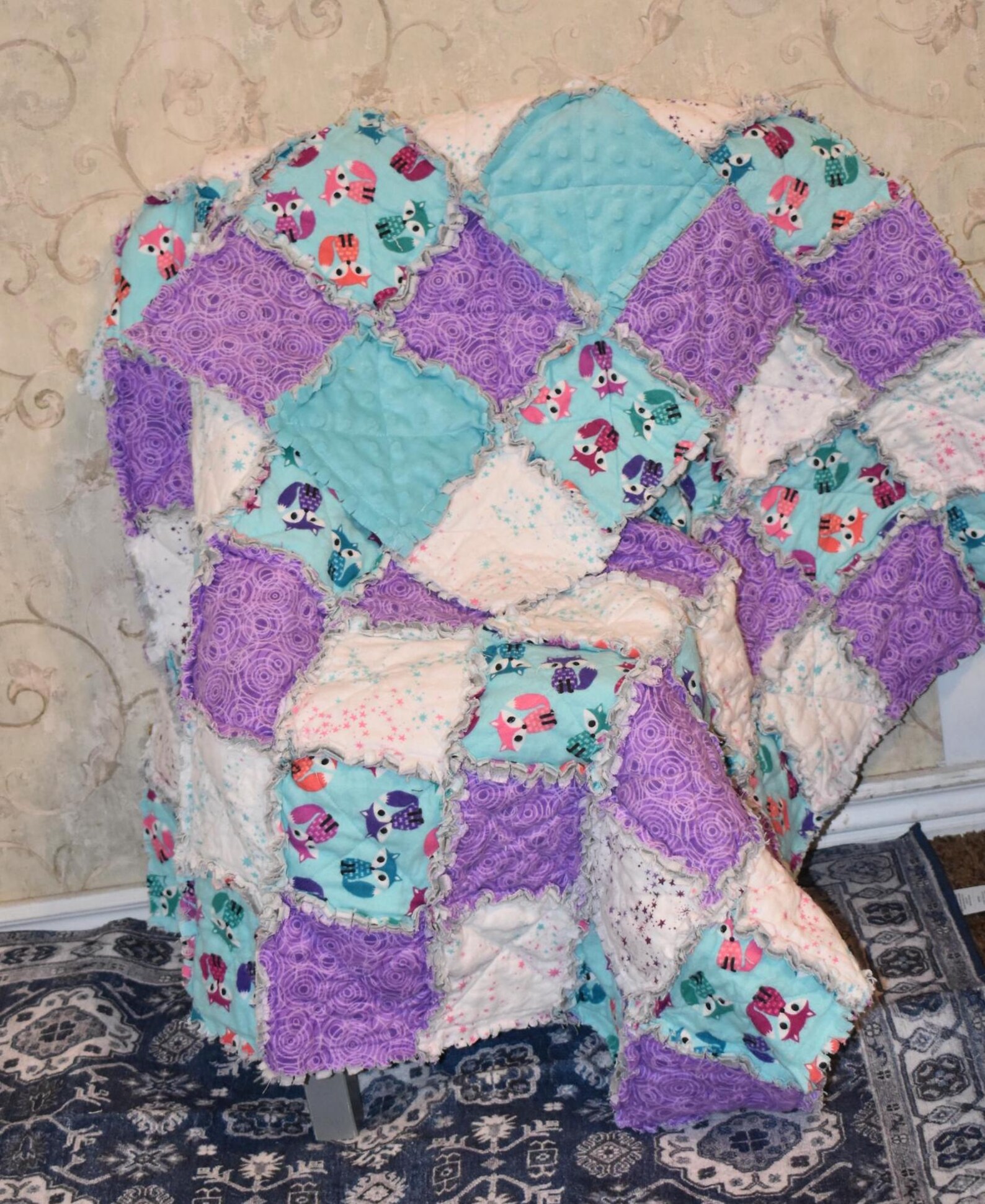 Fox Rag Quilt With Aqua and Purple With Matcing Lovey - Etsy