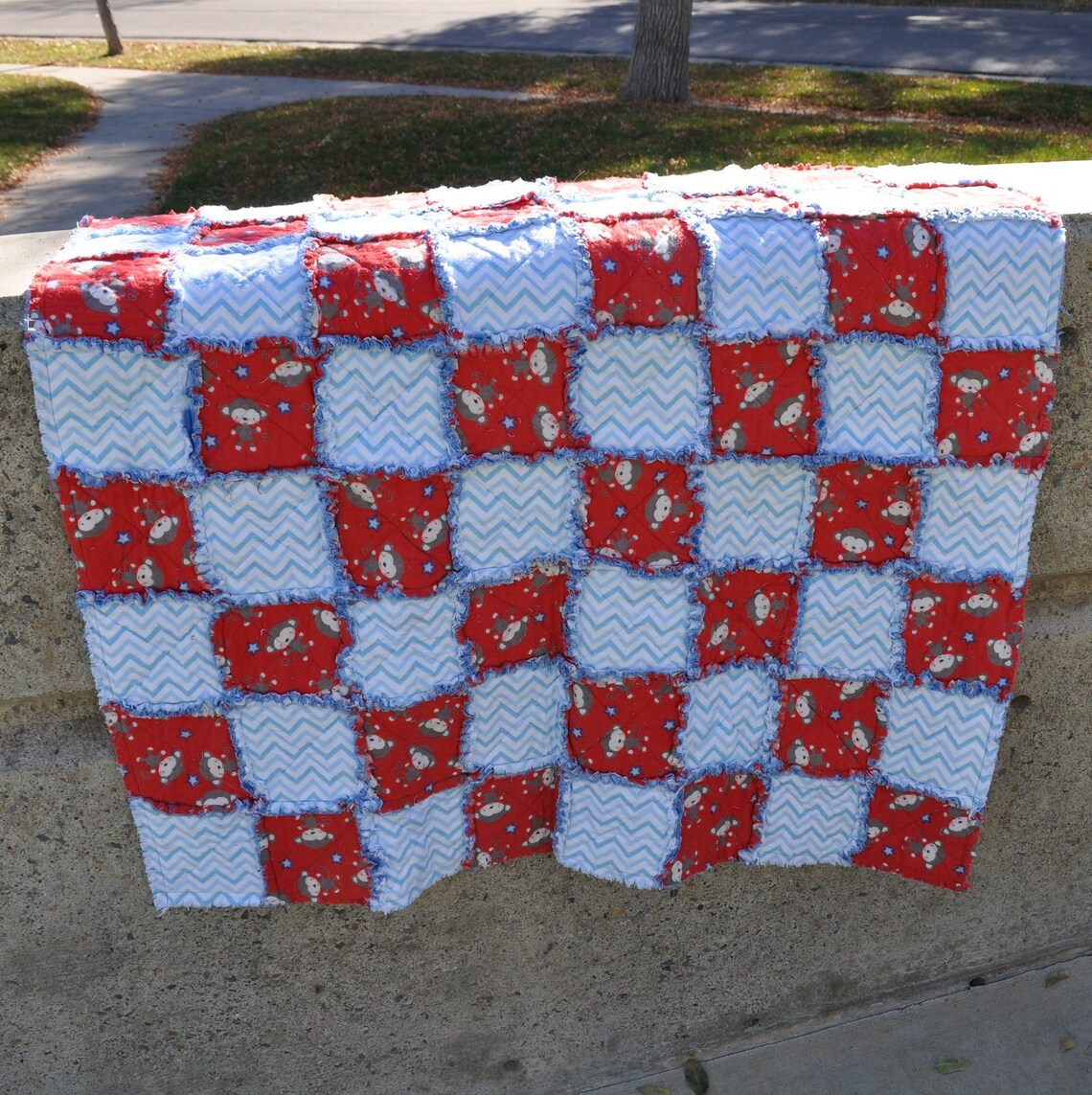 Blue Chevron and Monkey Rag Quilt 39 in by 39 In - Etsy