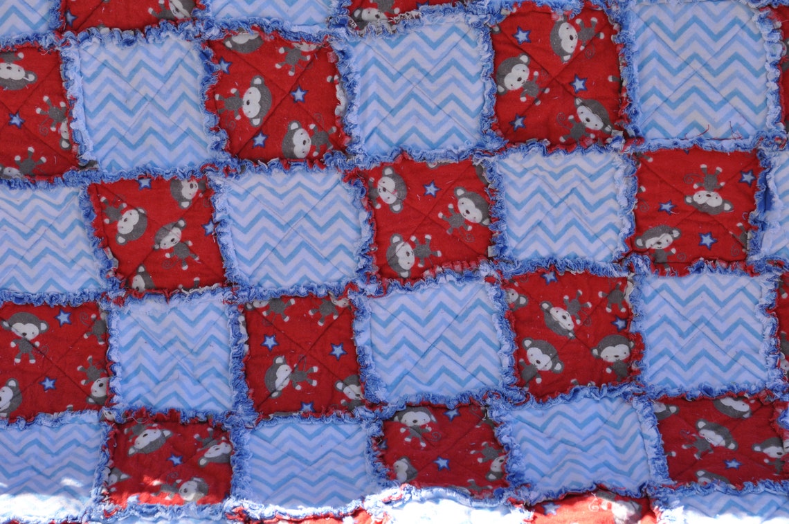 Blue Chevron and Monkey Rag Quilt 39 in by 39 In - Etsy