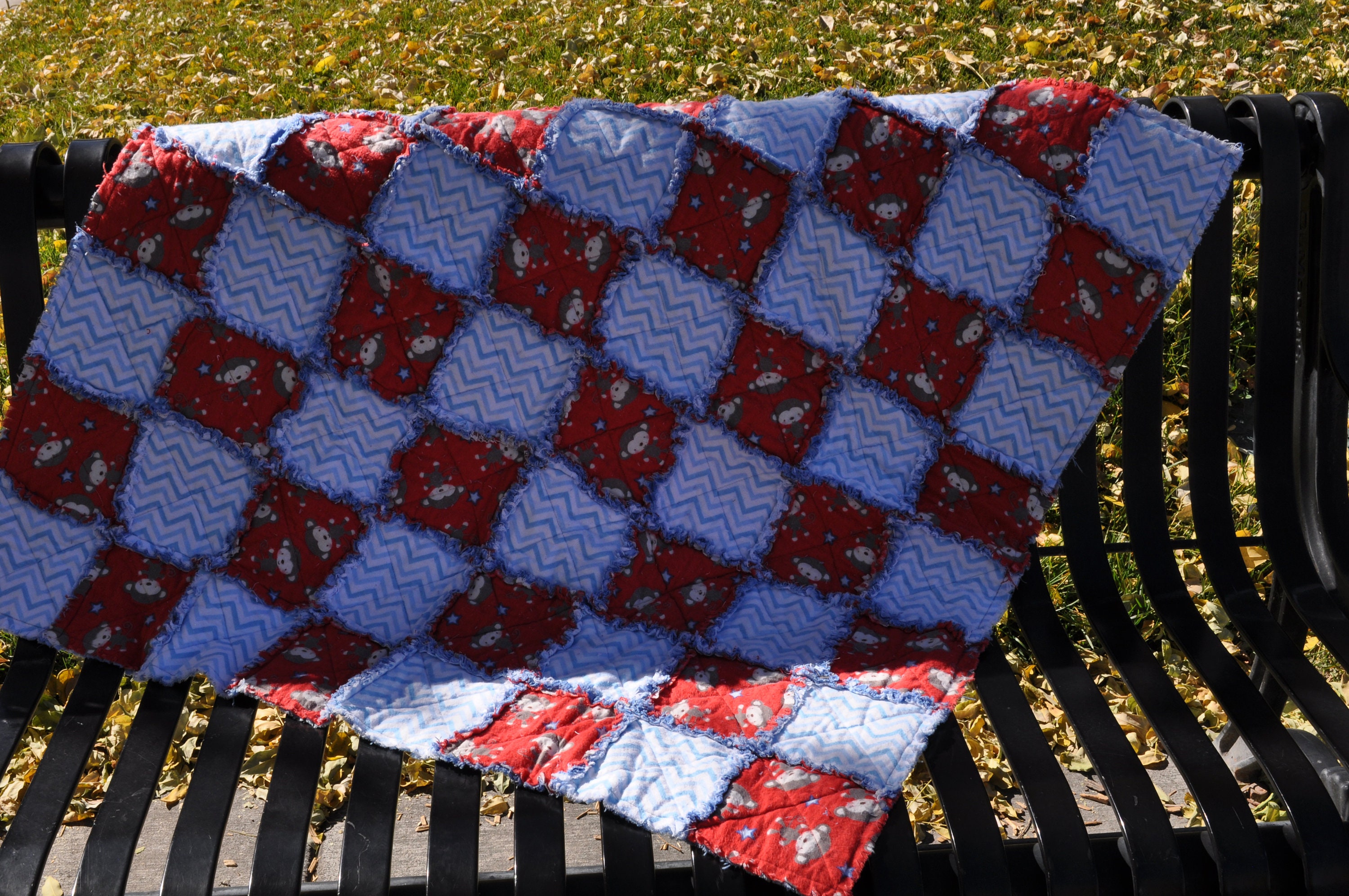 Blue Chevron and Monkey Rag Quilt 39 in by 39 In - Etsy