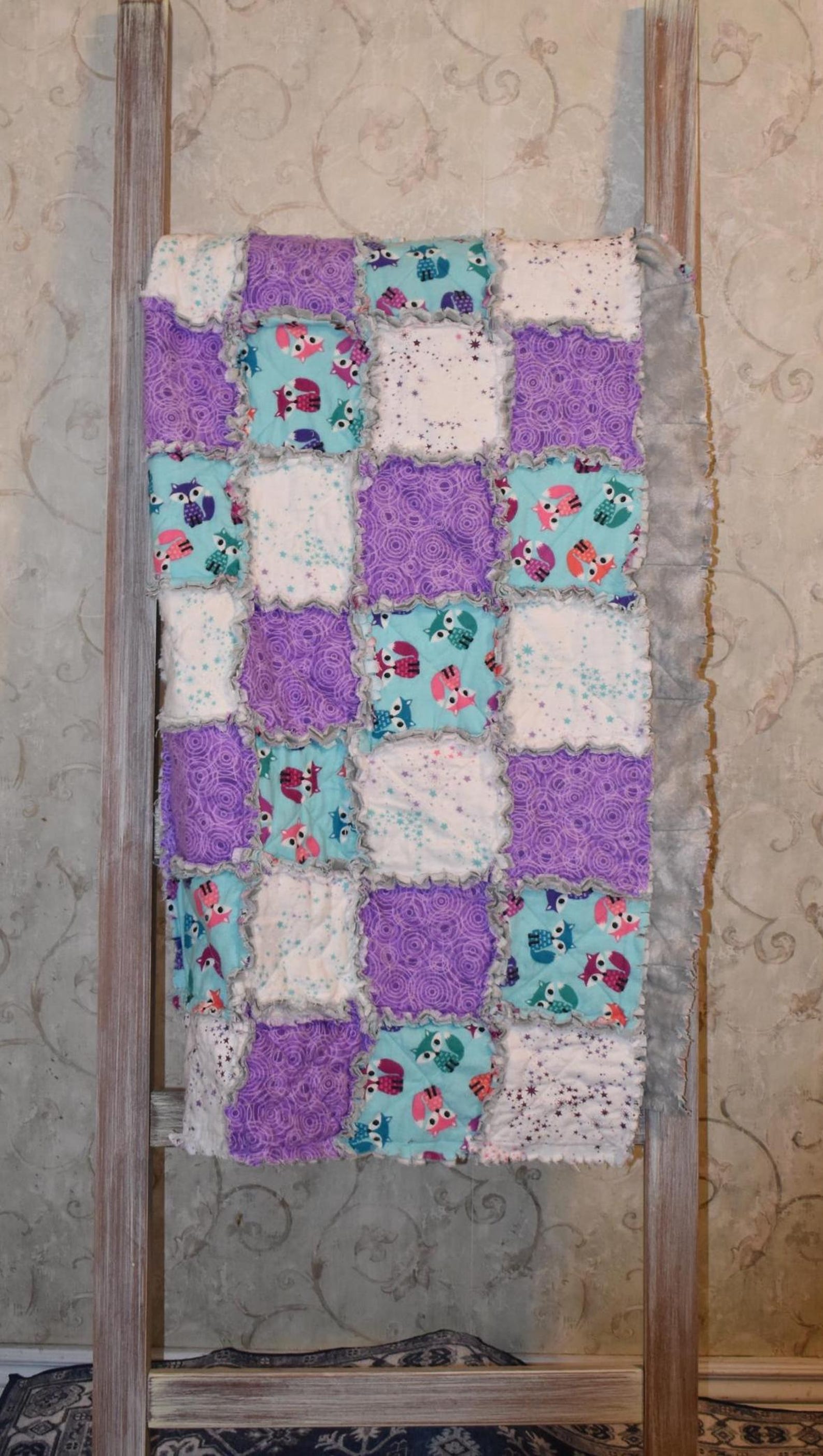 Fox Rag Quilt With Aqua and Purple With Matcing Lovey - Etsy