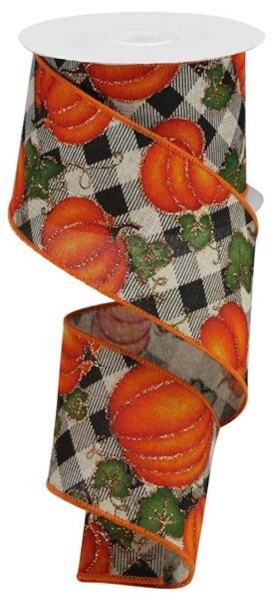 Ships Free Over 35 in US - Pumpkins & Leaves on Check Wired Edge Ribbon ...