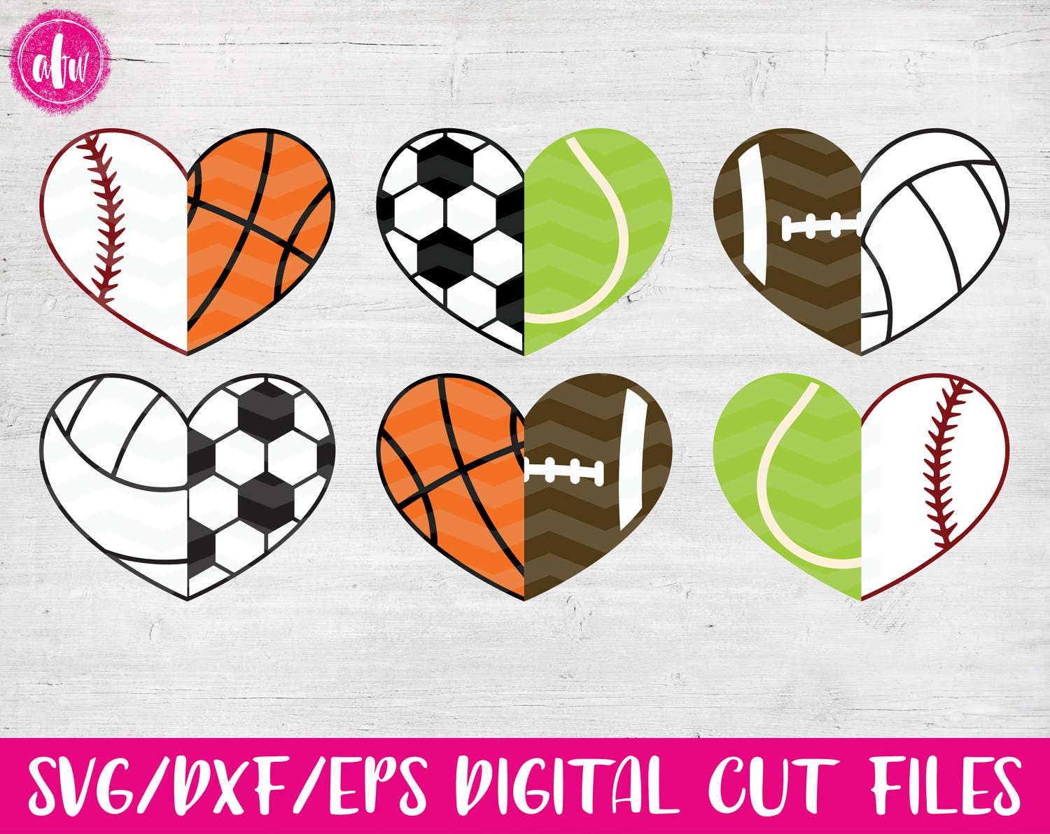 Half Sports Hearts, SVG, DXF, EPS, Cut Files, Mix to Create Full Heart ...