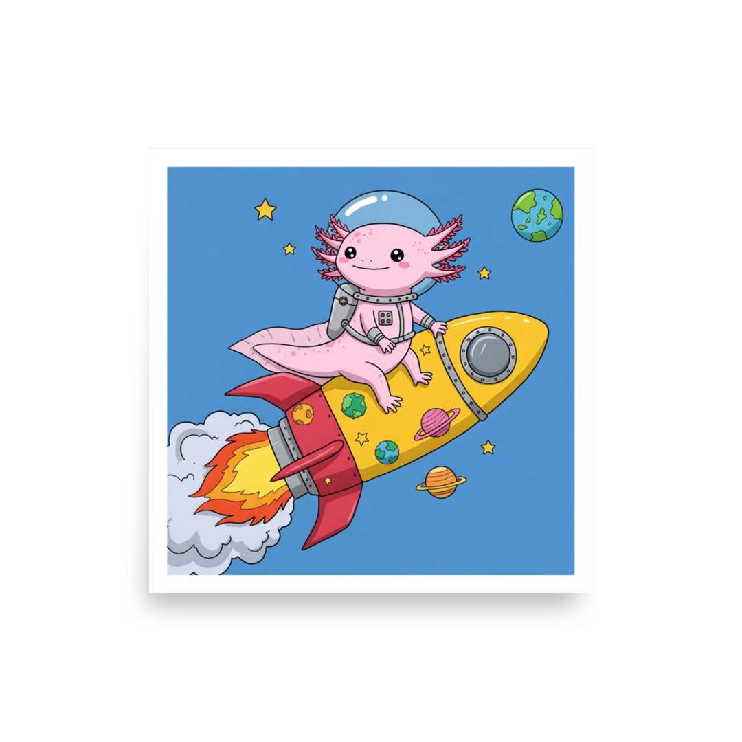 Cute Fun Axolotl on a Rocketship Planets Stars Galaxy Poster Art Print ...