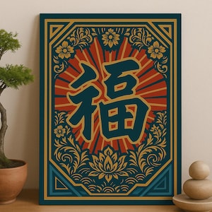 Chinese Fu Character Wall Art Print – Fortune Poster, Red Gold Blue ...