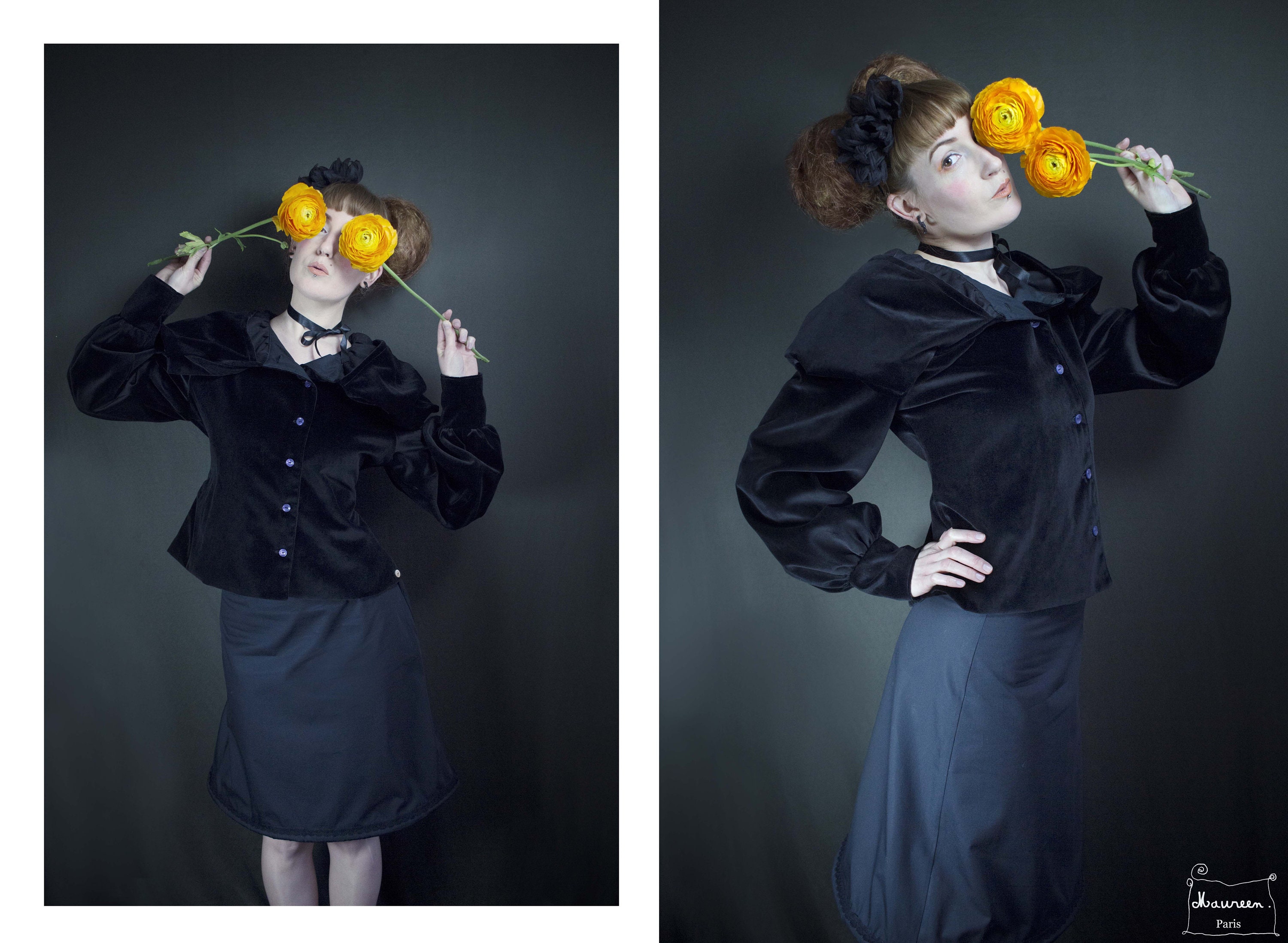 1900's Style Jacket in Black Cotton Velvet, Victorian Hooded Jacket ...