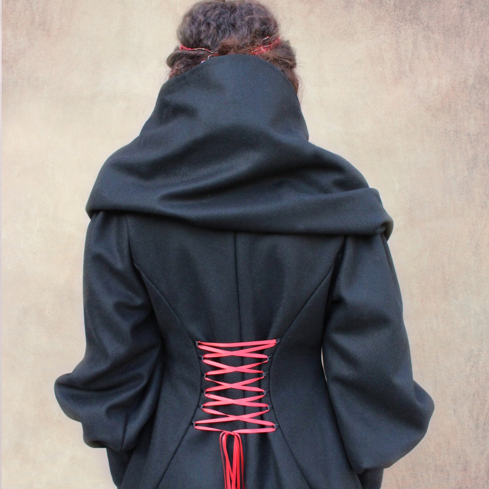 Black Fairy Coat With Large Hood, Wool Coat, Lace-up Back Coat ...
