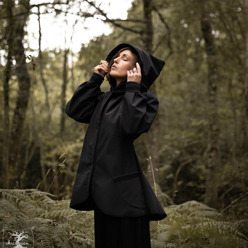 Black Witchy Gothic Raincoat/ Fairy Hood /fleece Interior/ Elf Jacket ...