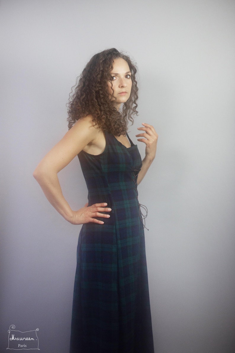 Long Scottish Dress, Green and Blue Tartan, Highlands, Pinafore Dress ...