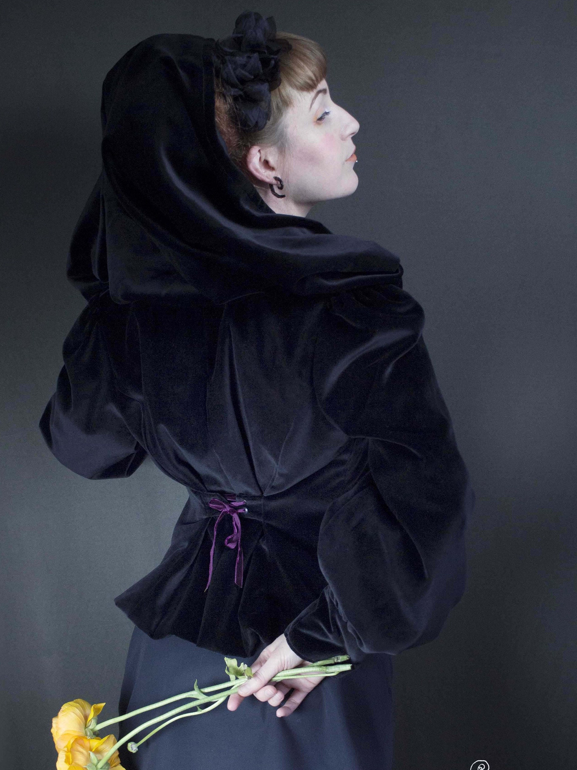 1900's Style Jacket in Black Cotton Velvet, Victorian Hooded Jacket ...