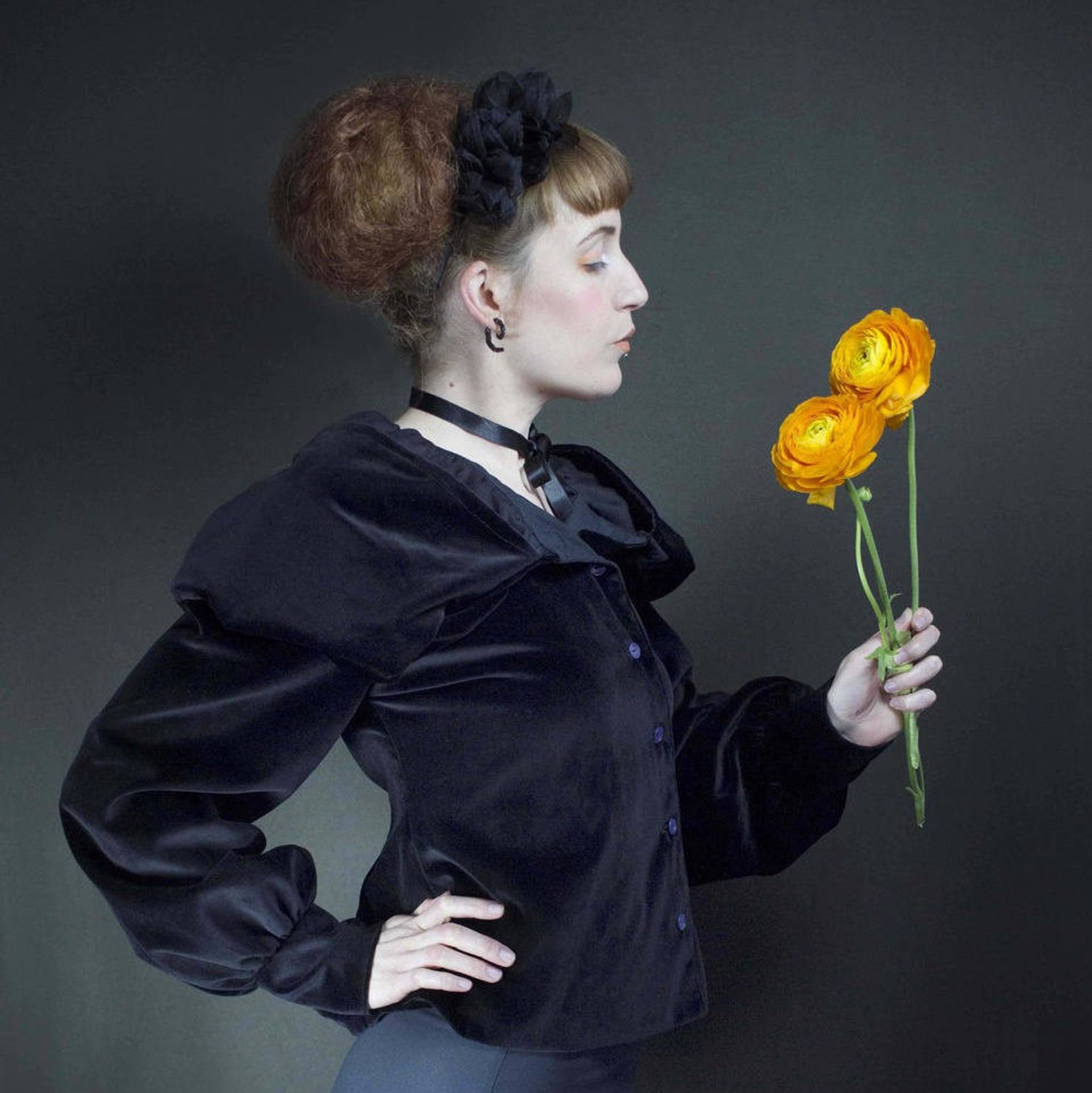 1900's Style Jacket in Black Cotton Velvet, Victorian Hooded Jacket ...