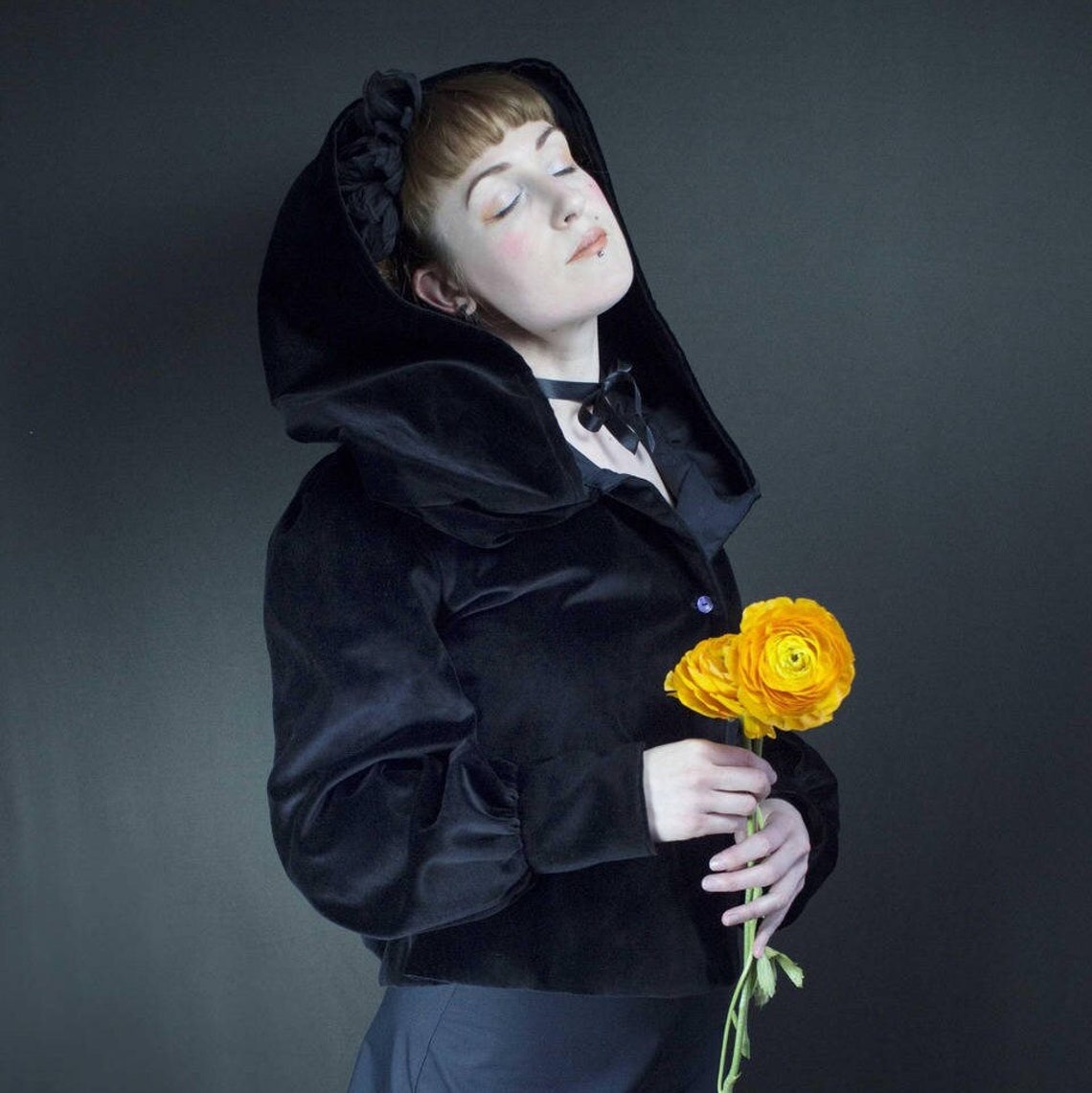 1900's Style Jacket in Black Cotton Velvet, Victorian Hooded Jacket ...