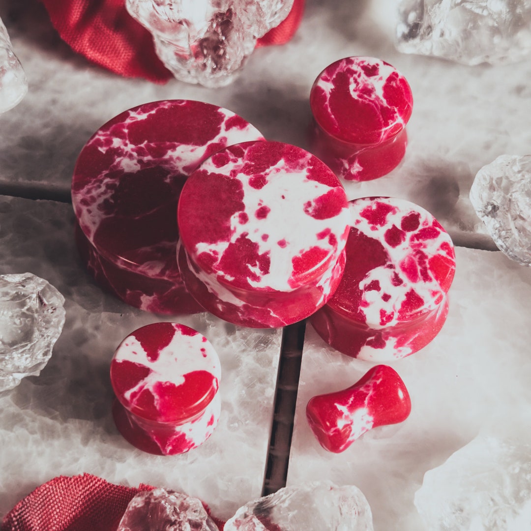 Marble White & Red Stone Plug / Gauge Double Flare Stone Ear Plugs ...