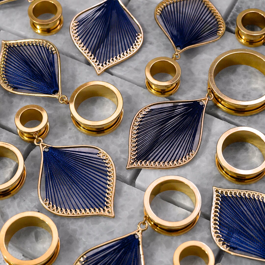 Blue & Gold Steel Dangle Feather Plug / Tunnel / Gauge Flat Flare Metal ...