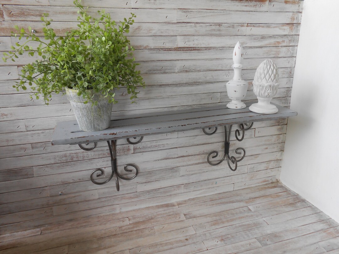 Gray Shelf With Plate Grooves-wood and Iron Shelf-gray Distressed ...