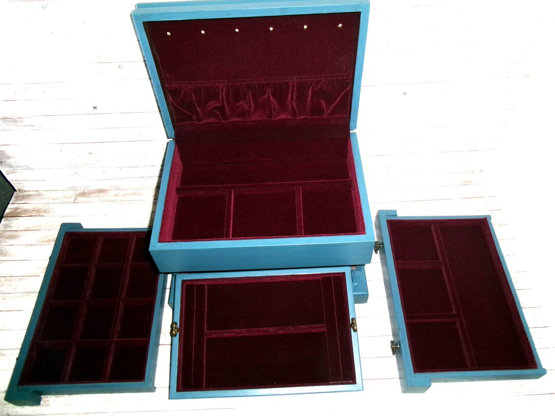 Large Jewelry Chest-vintage Jewelry Box-blue Painted Jewelry Chest ...