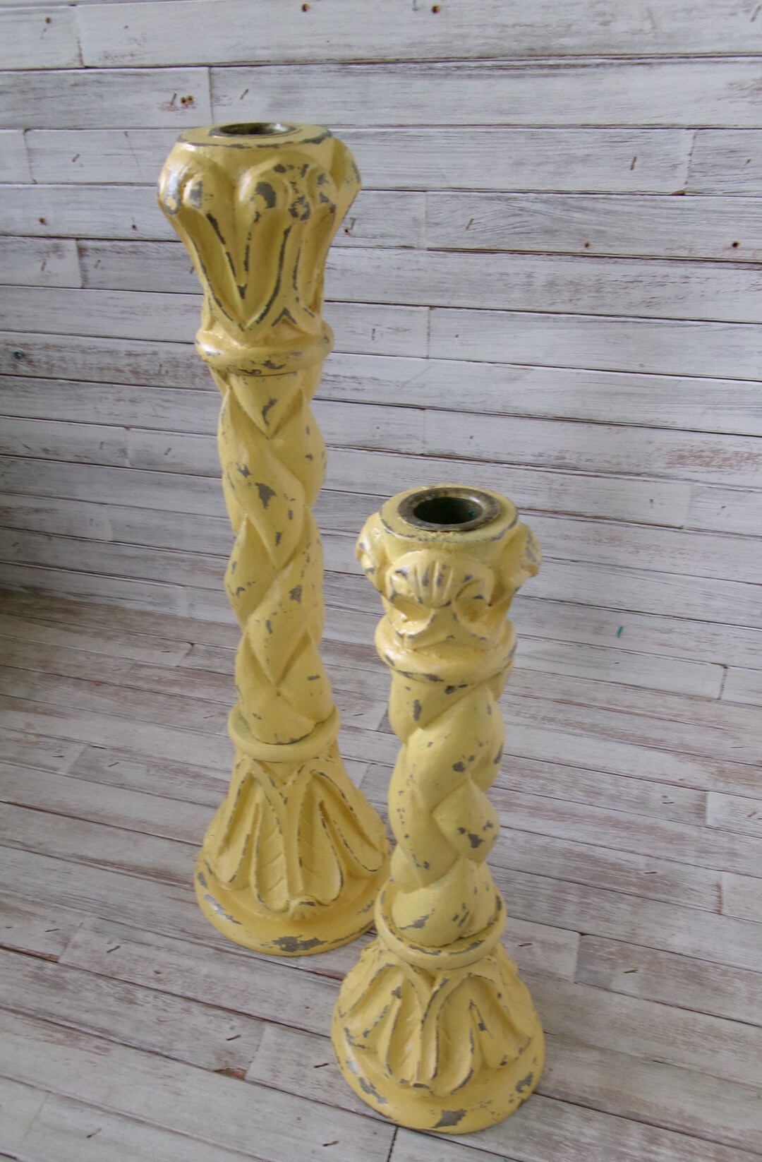 Tall Candlesticks-wood Candlesticks-vintage Wood Candlesticks-yellow ...