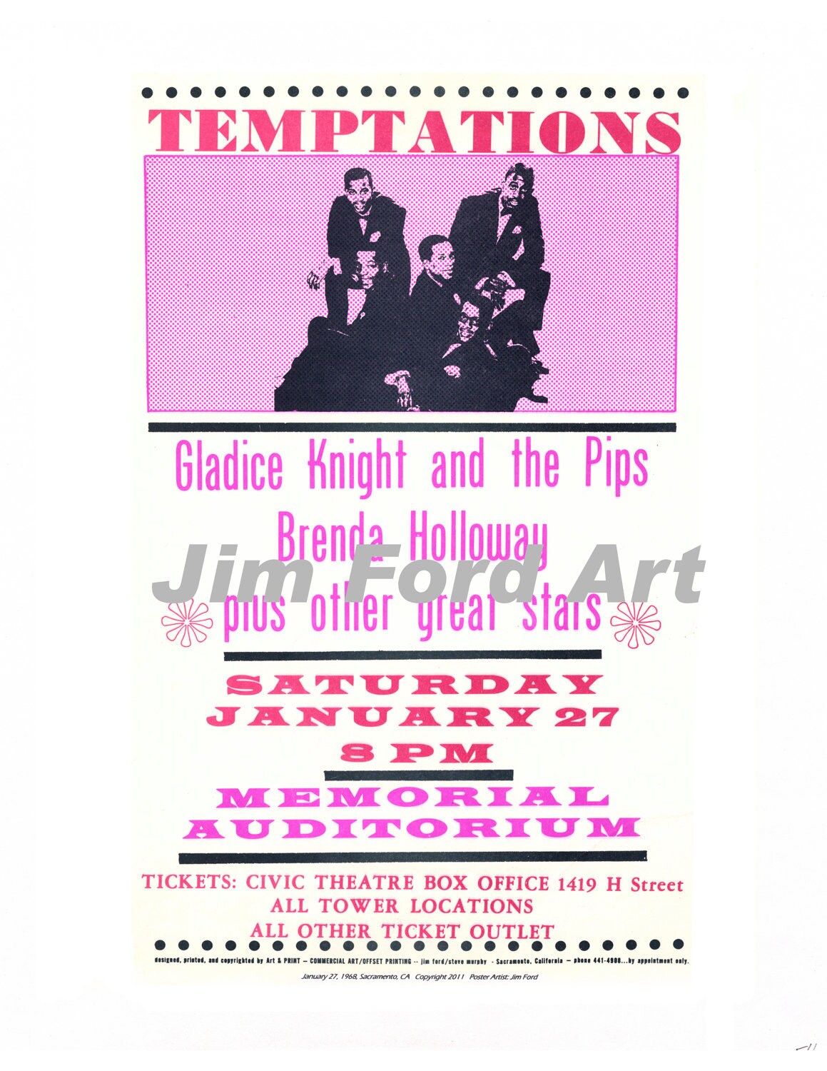 Temptations & Gladys Knight, 1967- 68 Rock Art Concert Poster ...