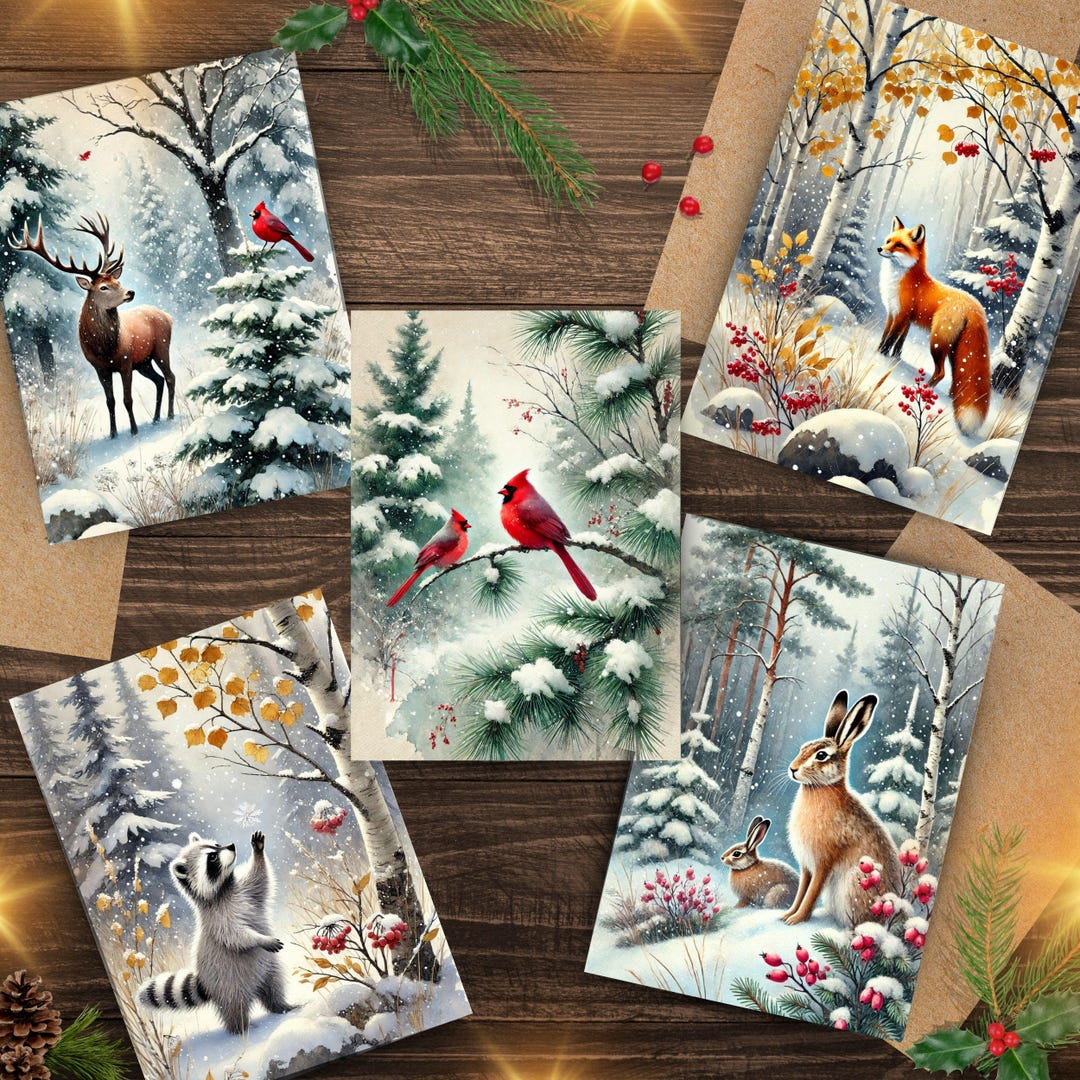 Woodland Animal Christmas Cards/cute Animal Holiday Cards/blank Inside ...