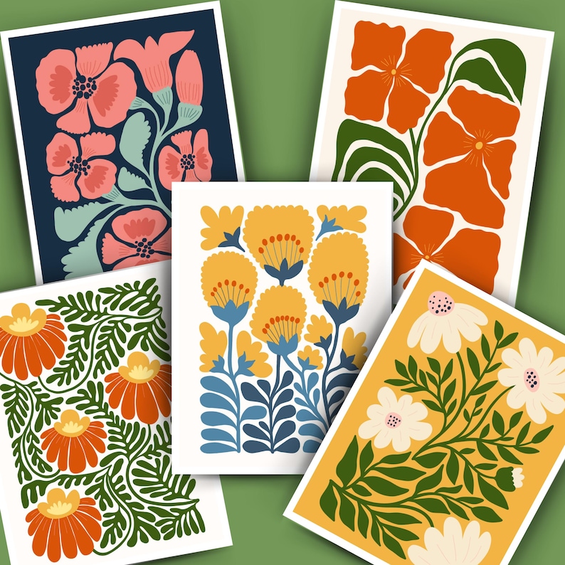 Mid Century Modern Floral Note Card Set: Colorful Stationery With Kraft ...