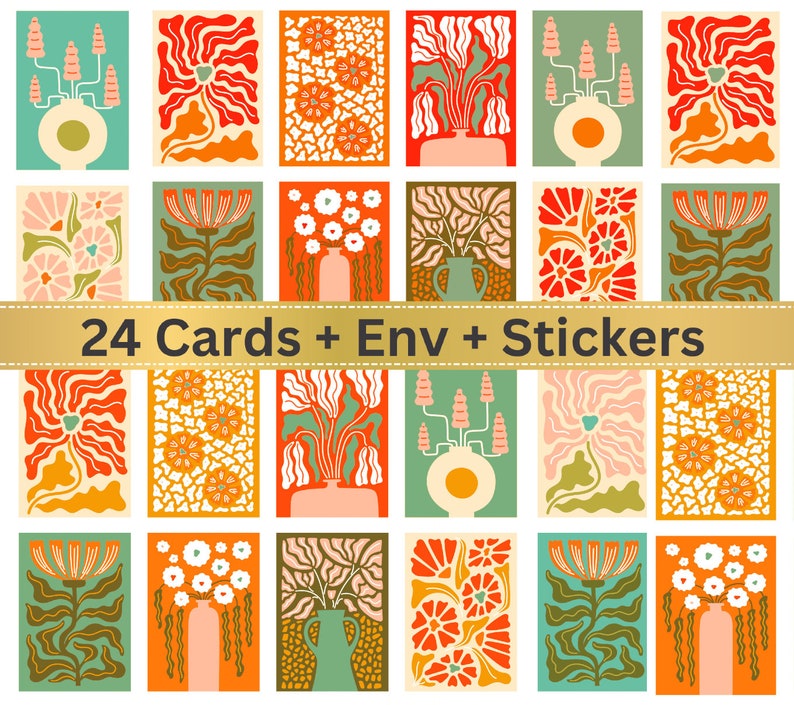 Mid Century Modern Floral Note Card Set: Kraft Envelopes & Gold ...