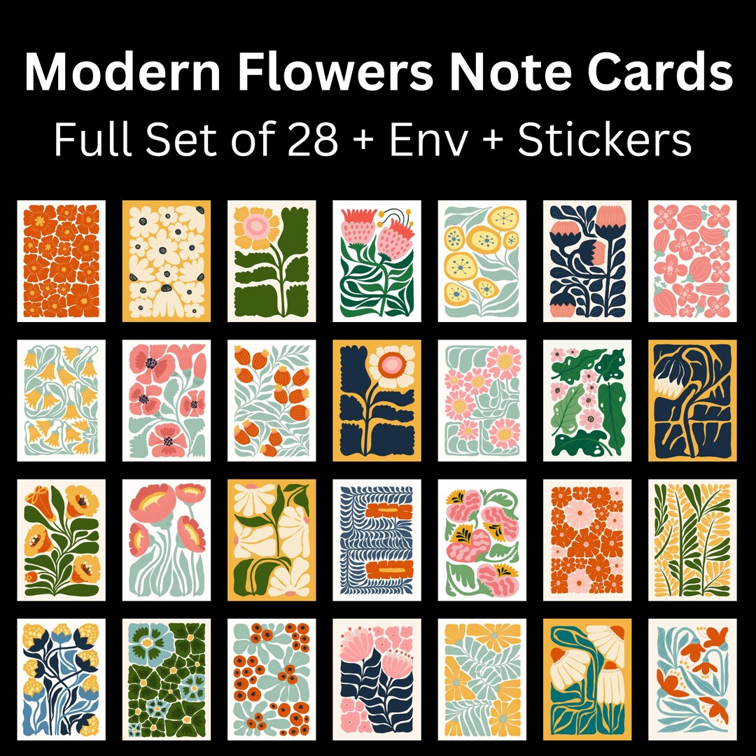 Mid Century Modern Floral Notecard Set: 28 Unique Colorful Cards - Etsy
