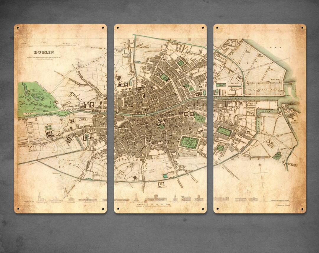 Vintage Map of Dublin Ireland METAL Triptych 36x24 FREE - Etsy