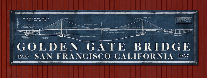Vintage Golden Gate Bridge METAL Blueprint 48x14 FREE | Etsy