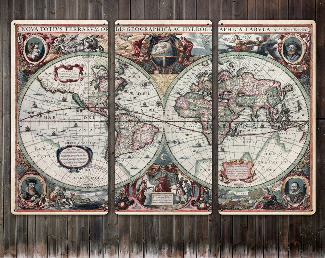Vintage World Map METAL Triptych 54x36 FREE SHIPPING - Etsy