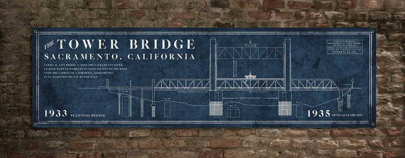 Tower Bridge Sacramento METAL Blueprint 48x14 FREE | Etsy