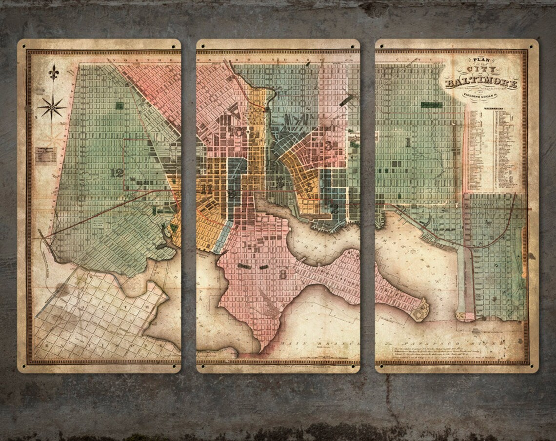 Vintage Map of Baltimore METAL Triptych 54x36 FREE - Etsy