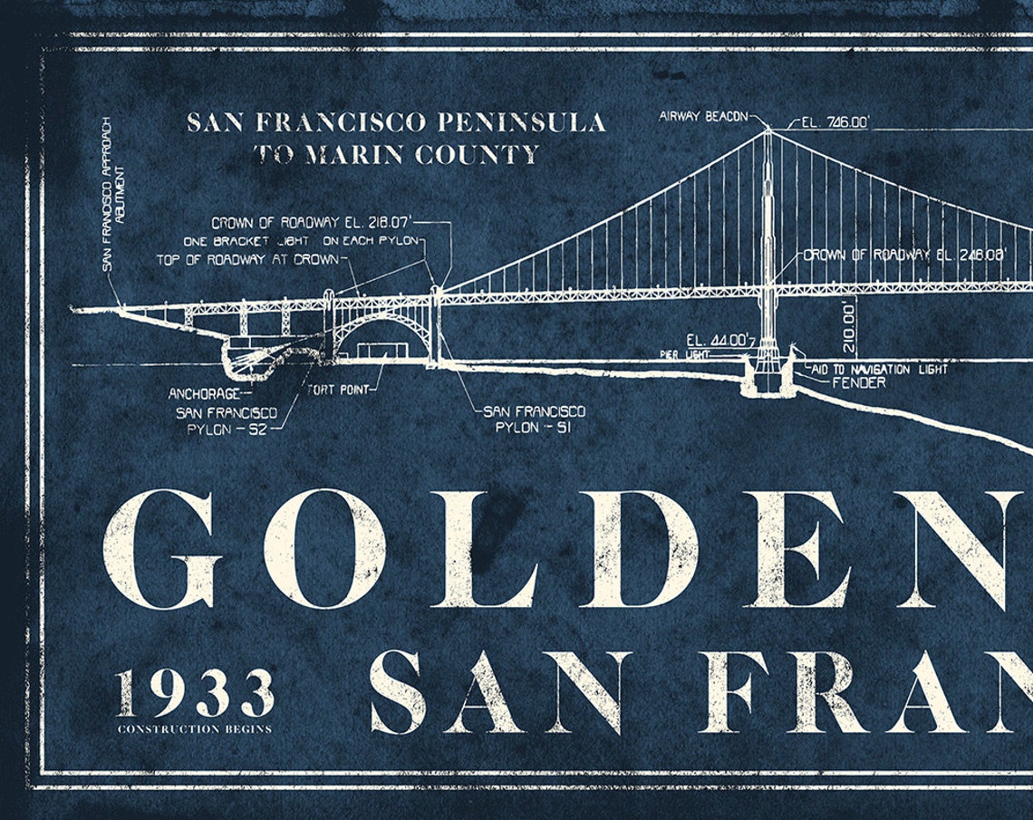 Vintage Golden Gate Bridge METAL Blueprint 48x14 FREE - Etsy
