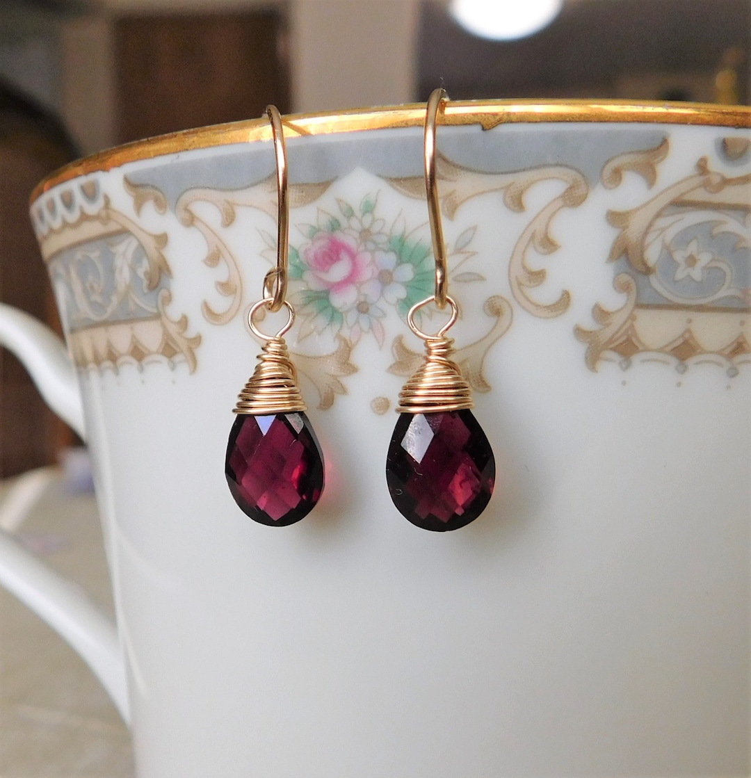Real Garnet Earrings , January Birthstone Earrings , Gold Filled Garnet ...