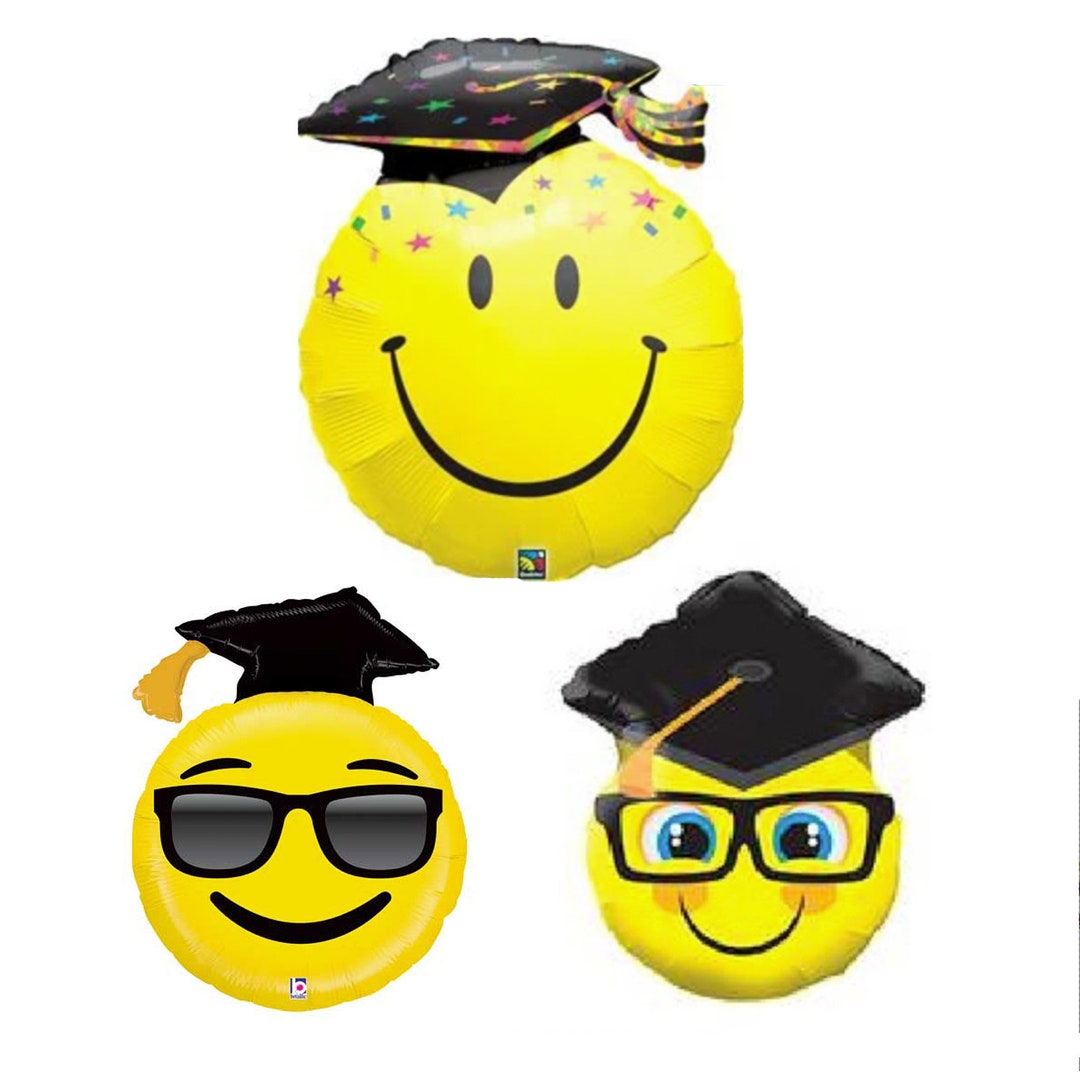 GRAD Balloons, Smiley Face Emoji Grad Cap Balloons, 2024 Grad Party ...