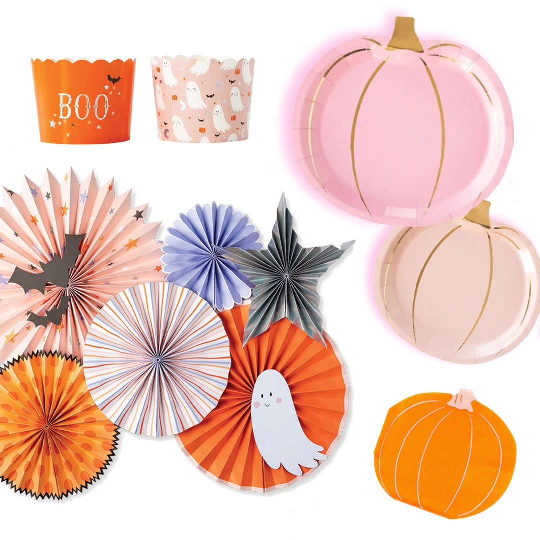 Pink Halloween Party Decor Kit, Pastel Plates, Napkins, Cupcake / Treat ...