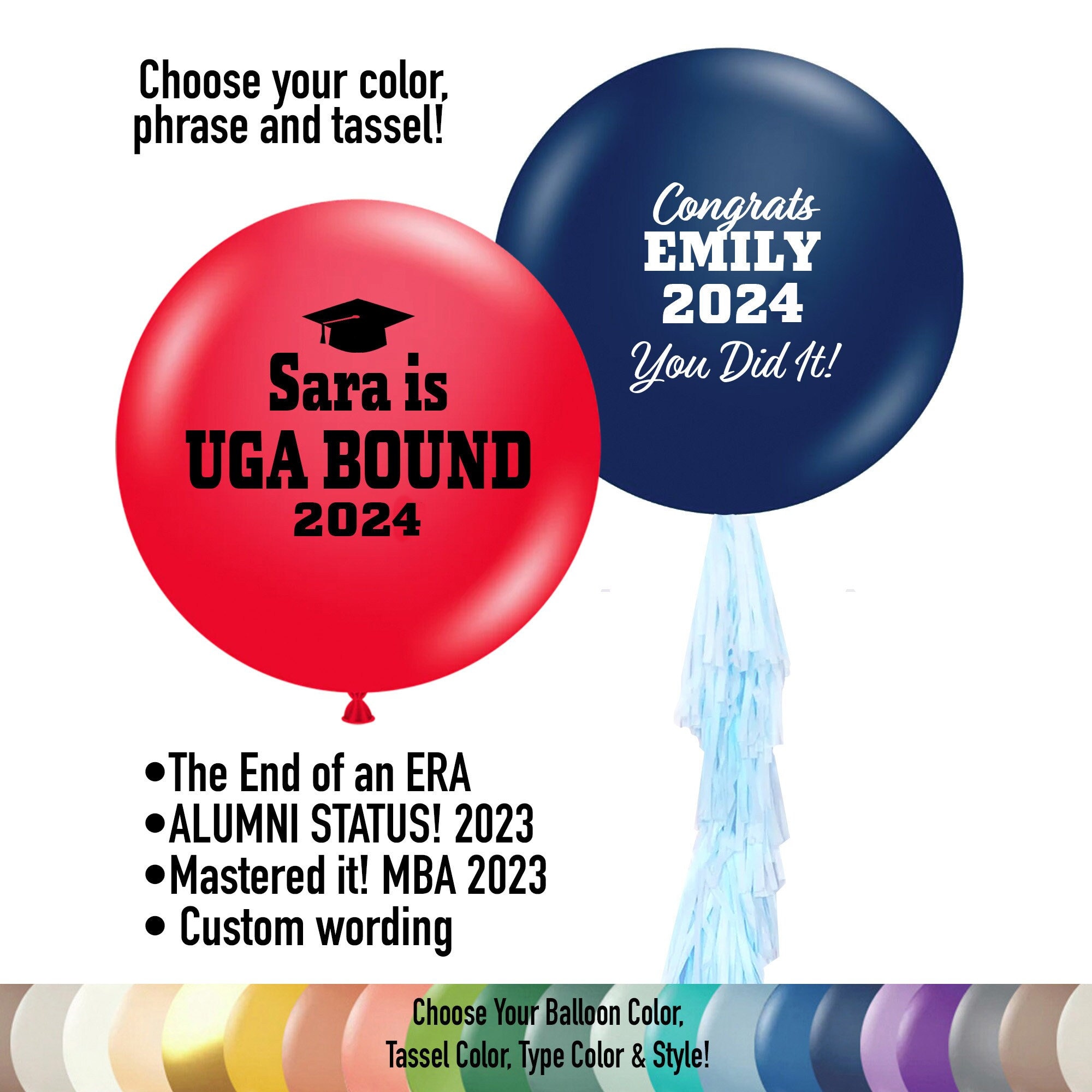 Custom Graduation 2024 Balloons w tassels JUMBO 3 foot School Colors ...