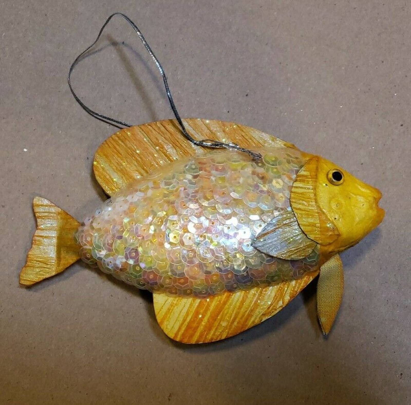 Rare Vtg Yellow Paper Mache Sequin Fish Ornaments Set of 2 - Etsy