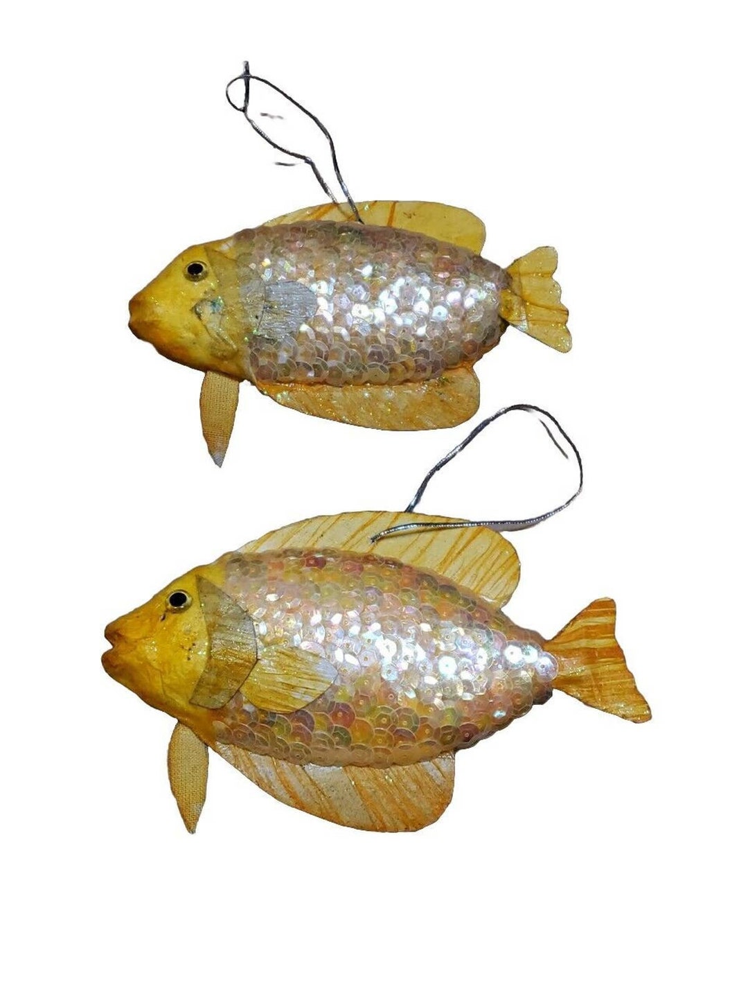 Rare Vtg Yellow Paper Mache Sequin Fish Ornaments Set of 2 - Etsy